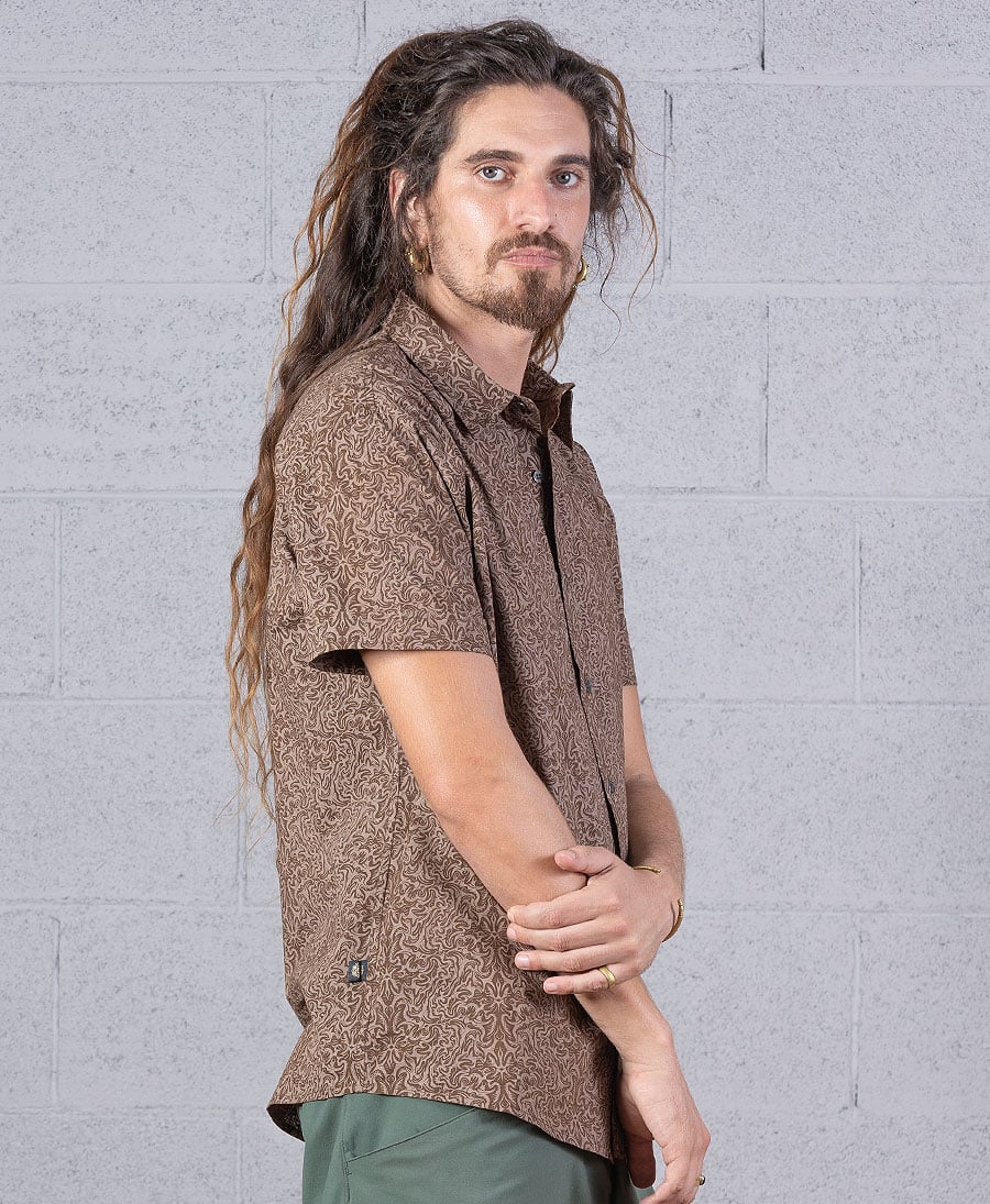 Boho Hippie Men Button Down Shirt Brown Button Up