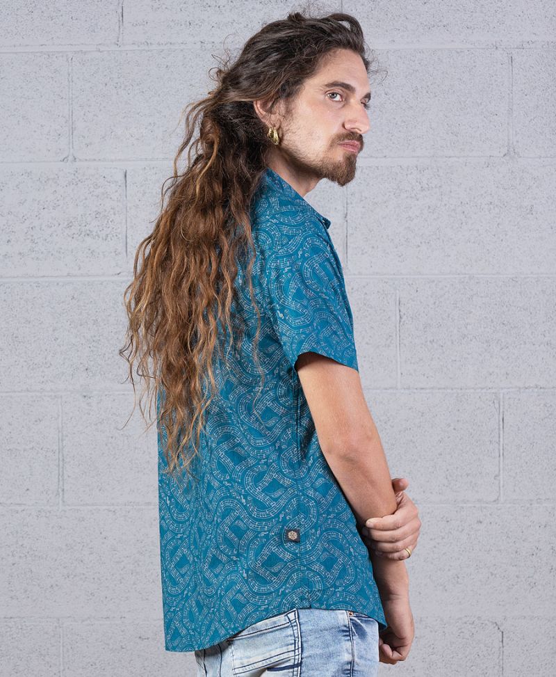 Musical Notes Men Button Down Shirt Turquoise Button Up