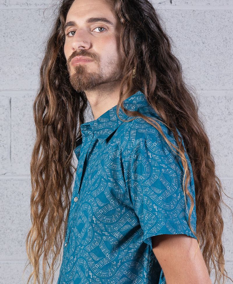 Musical Notes Men Button Down Shirt Turquoise Button Up