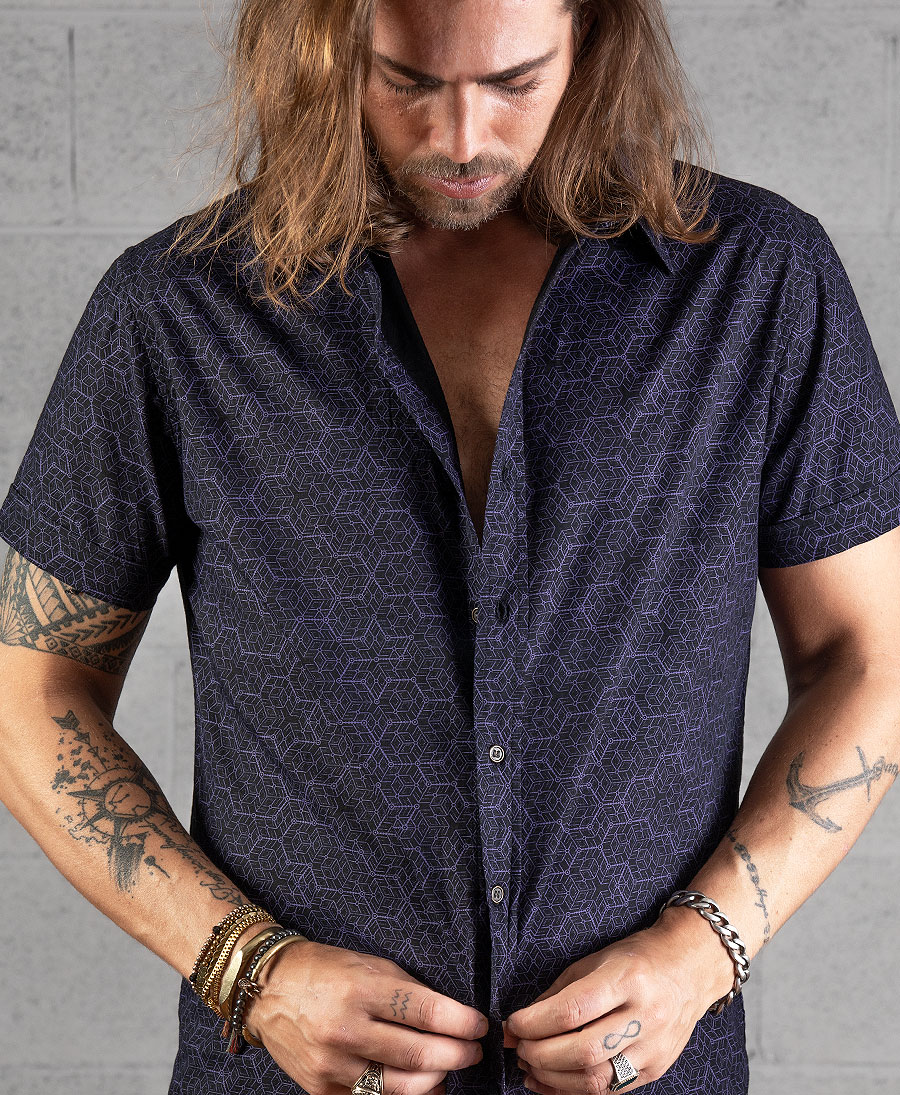 geometric button up black purple shirt men short sleeve button down