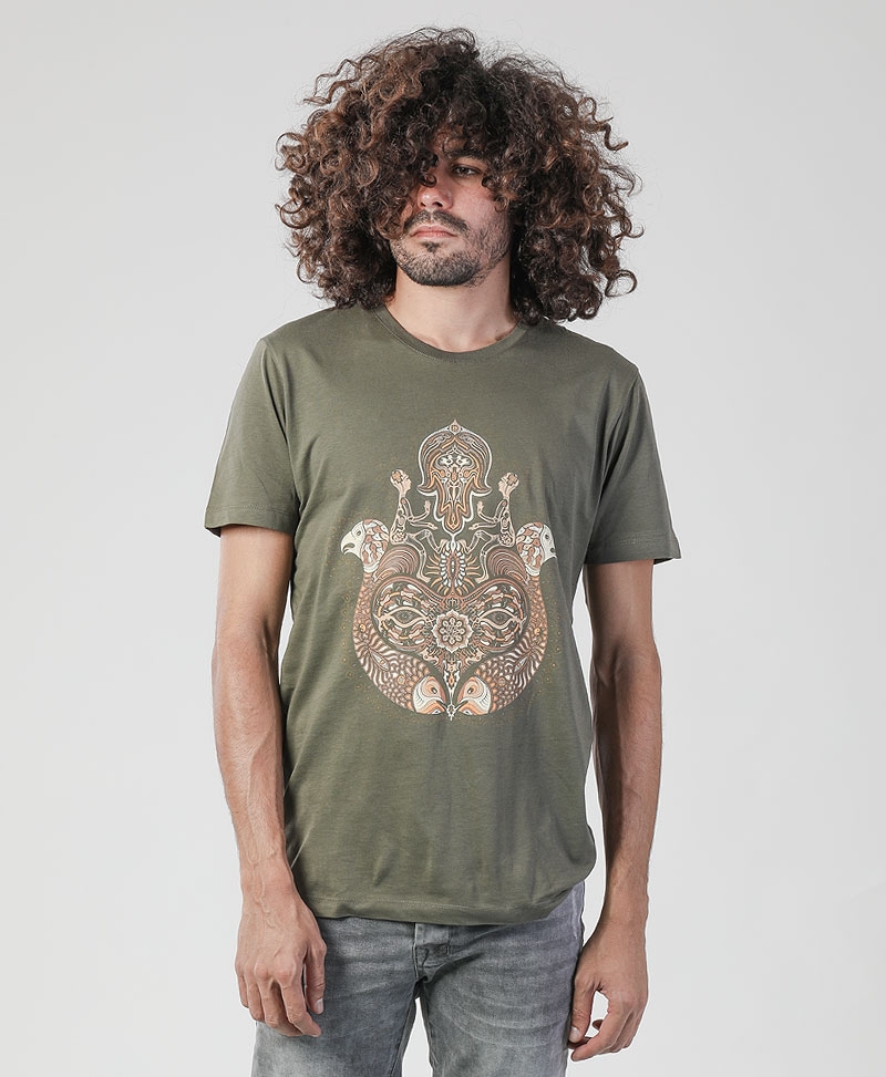 psychedelic t-shirt for man hamsa sacred geometry shirt olive green purple